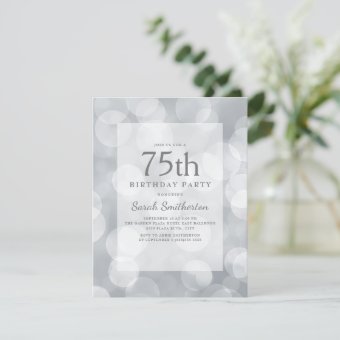 Elegant Cute Glittery Silver Bokeh 75th Birthday Invitation | Zazzle