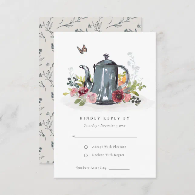 Elegant Cute Leafy Rose Floral Teapot Wedding RSVP Card | Zazzle