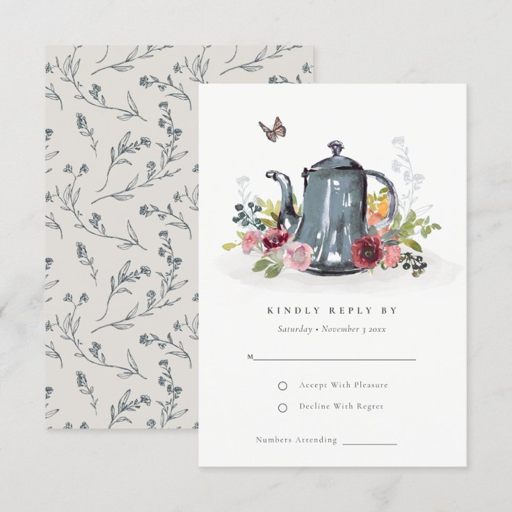 Elegant Cute Leafy Rose Floral Teapot Wedding RSVP Card | Zazzle