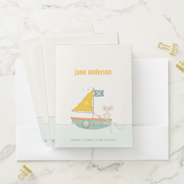 Elegant Cute Pirate Mouse Sailboat Kids Monogram Pocket Folder | Zazzle