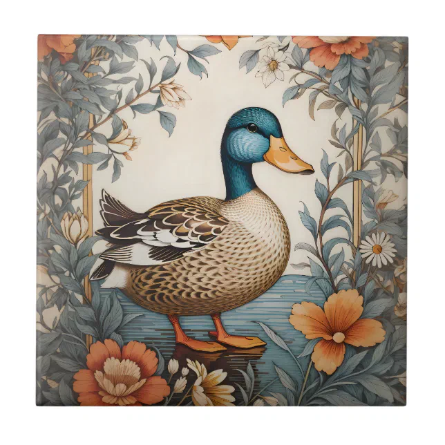 Elegant Cute Plump Duck Vintage Floral Ceramic Tile | Zazzle