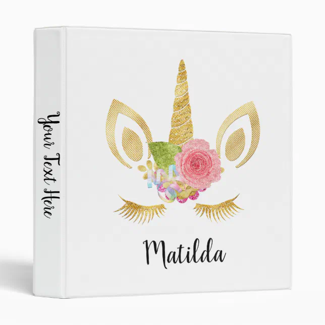 Elegant cute pretty floral gold glitter unicorn 3 ring binder | Zazzle