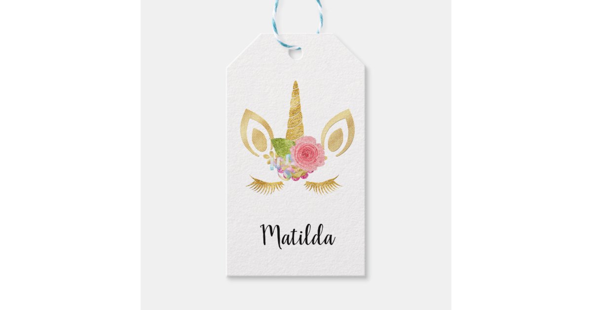 Elegant cute pretty floral gold glitter unicorn gift tags | Zazzle