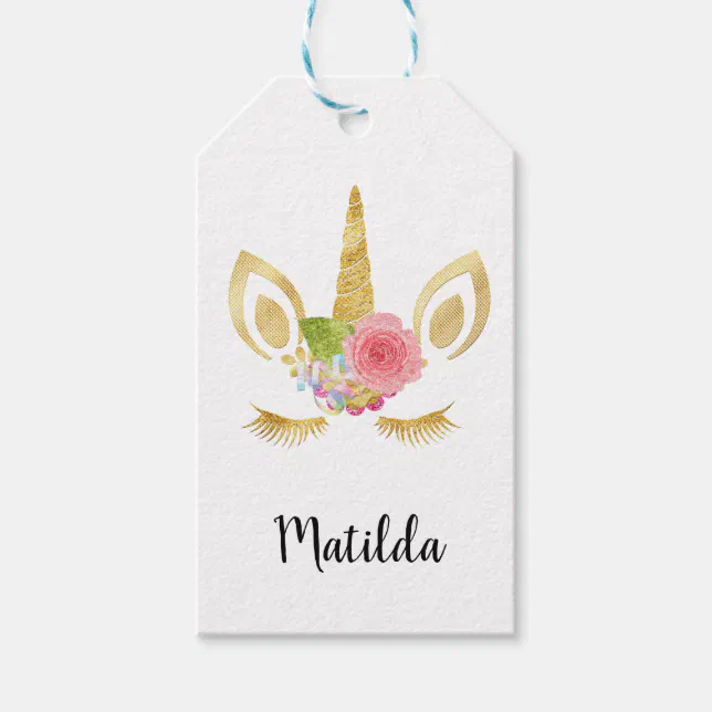 Elegant cute pretty floral gold glitter unicorn gift tags | Zazzle