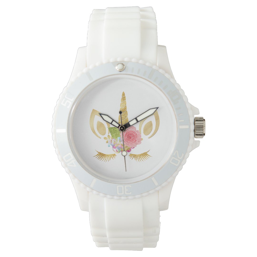 Elegant cute pretty floral gold glitter unicorn watch | Zazzle
