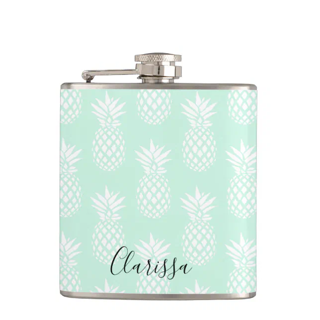 Elegant cute pretty mint green pineapple pattern flask | Zazzle