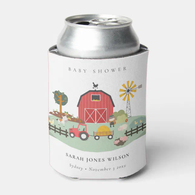 Elegant Cute Red Barnyard Farm Animal Baby Shower Can Cooler | Zazzle