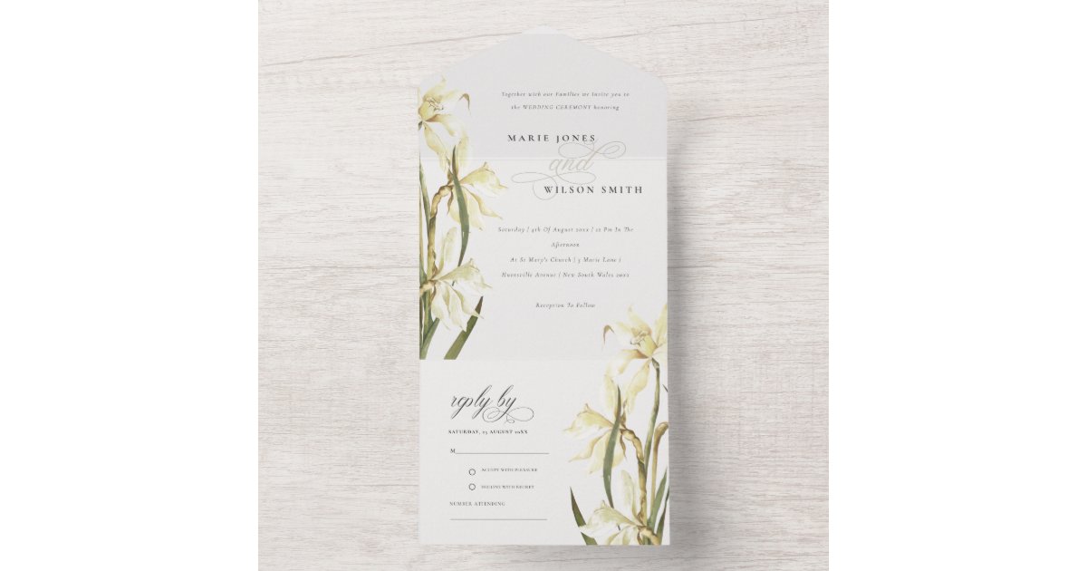 Elegant Cute White Daffodil Floral Wedding All In One Invitation | Zazzle