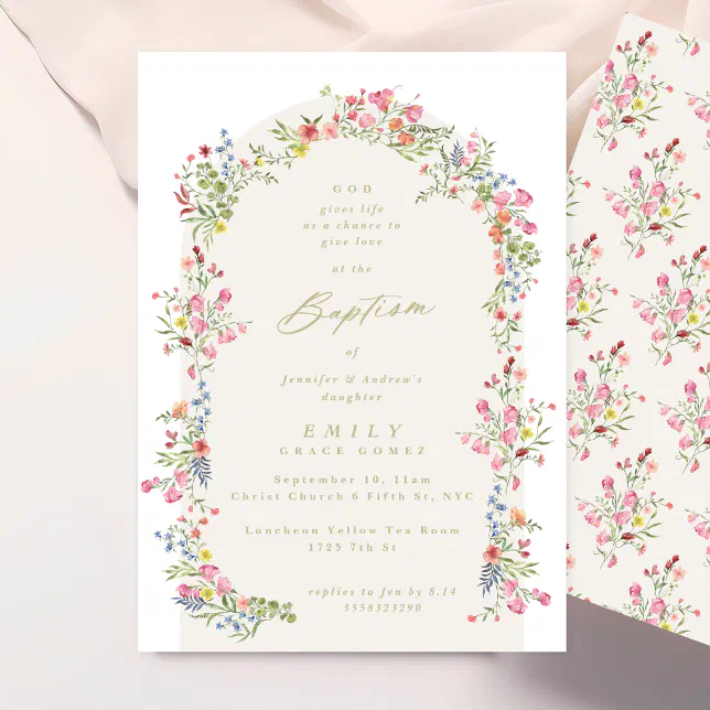 elegant dainty floral summer arch baptism invitation | Zazzle