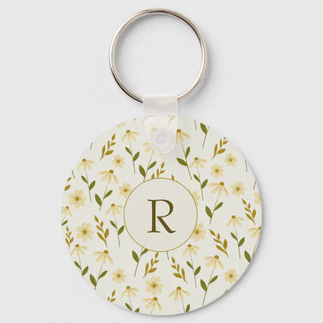 Elegant Daisy Floral Design Ivory Greenery Branch Keychain | Zazzle