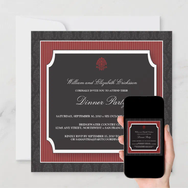 Elegant Damask Dinner Party Invitation (maroon) | Zazzle
