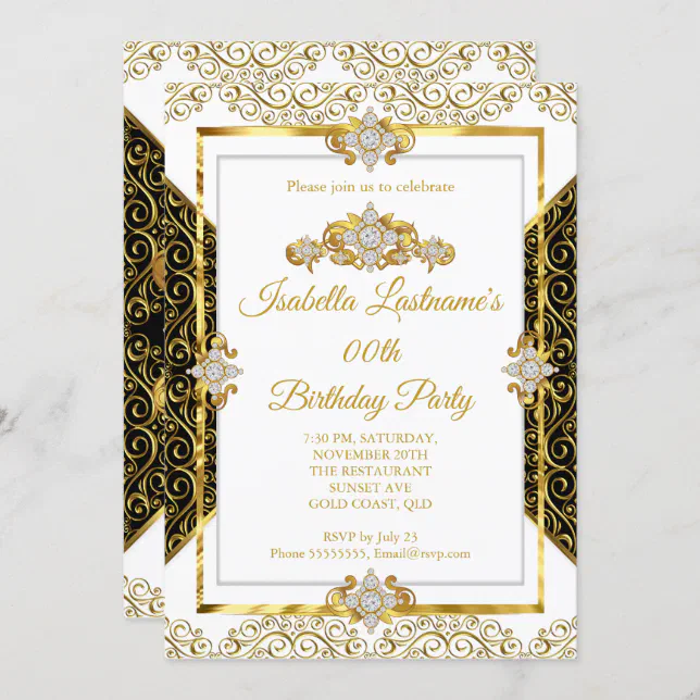 Elegant Damask Gold White Diamond Birthday Party Invitation | Zazzle