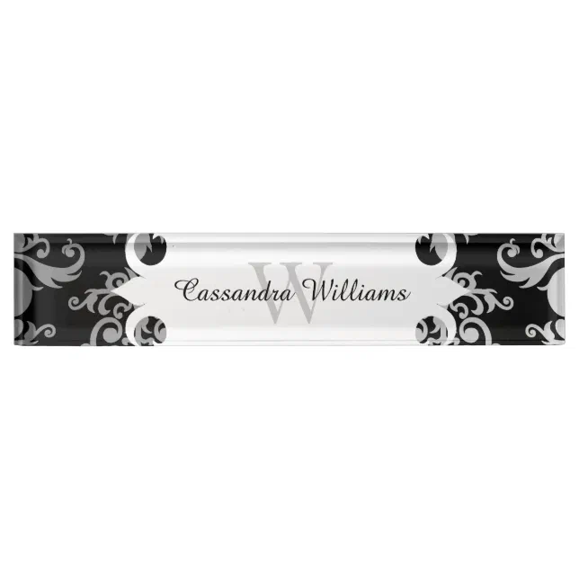 Elegant damask monogram pattern nameplate | Zazzle