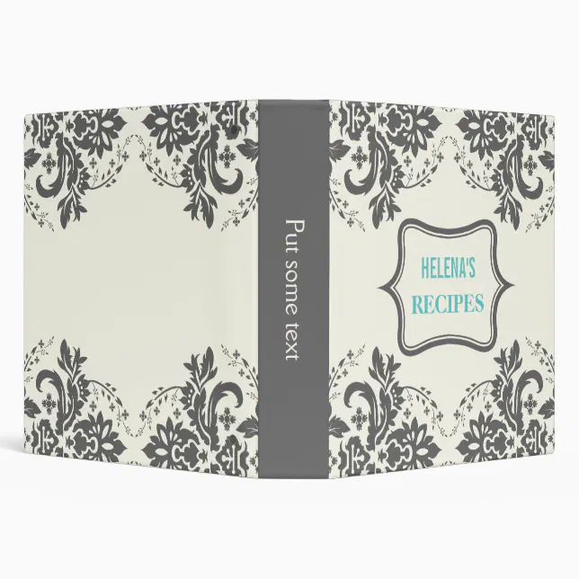 Elegant damask motif grey, aqua, ivory recipe binder | Zazzle