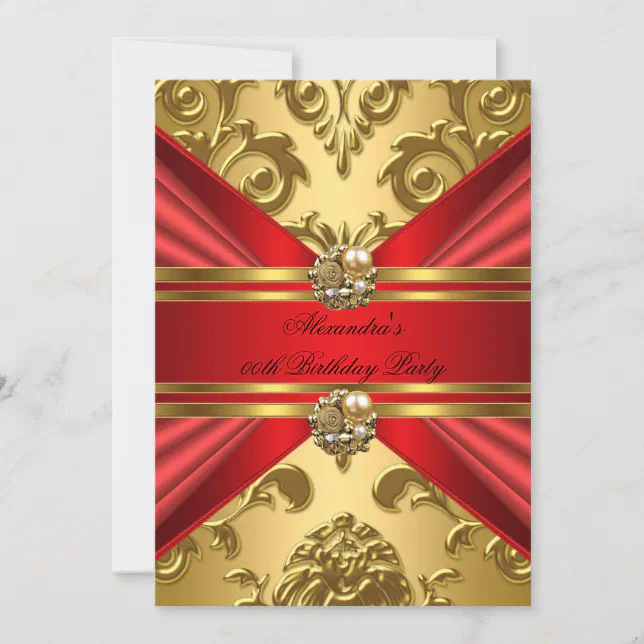 Elegant Damask Regal Red Gold Floral Birthday 2 Invitation | Zazzle