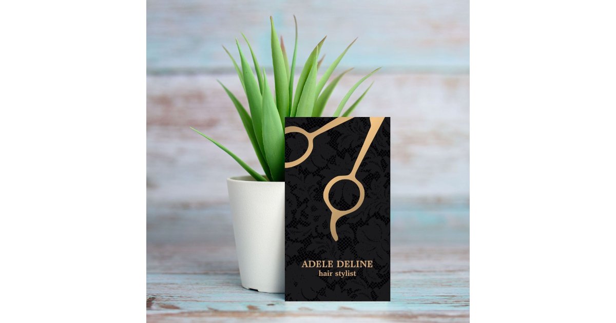 Elegant Dark Black Lace Gold Scissor Hair Stylist Business Card | Zazzle