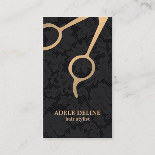 Elegant Dark Black Lace Gold Scissor Hair Stylist Business Card | Zazzle