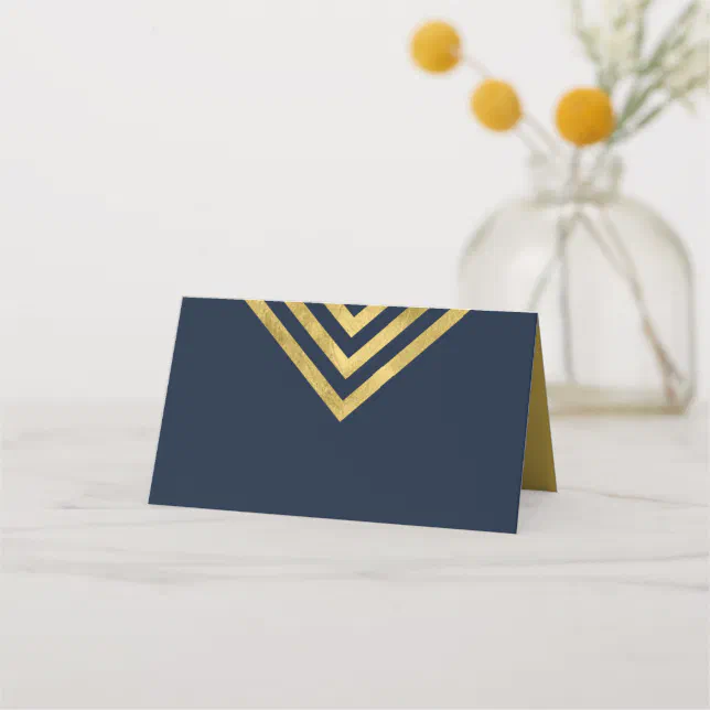 Elegant Dark Blue and Faux Gold Geometric Place Card | Zazzle