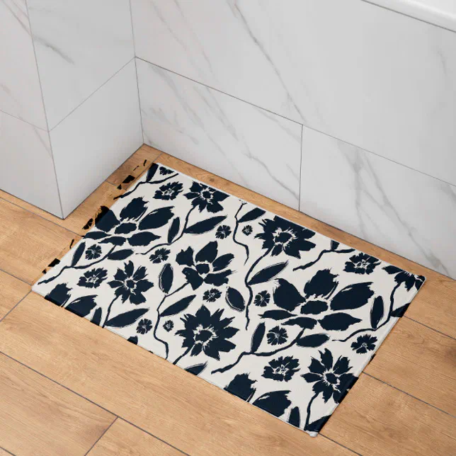 Elegant Dark Blue Floral Cream Canvas Bath Mat | Zazzle