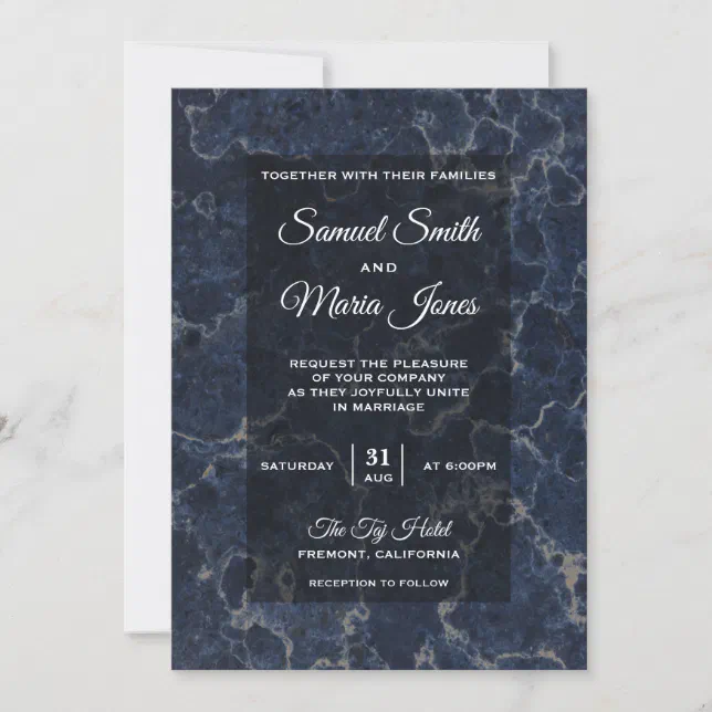 Elegant Dark Blue Marble Wedding Invitation | Zazzle