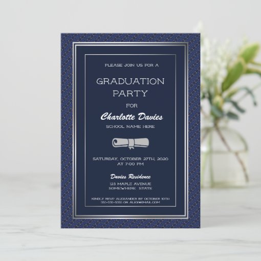 Elegant Dark Blue Silver Border Graduation Party Invitation | Zazzle