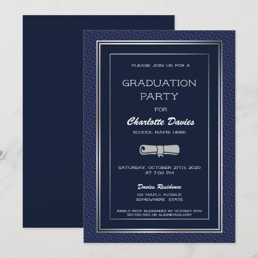 Elegant Dark Blue Silver Border Graduation Party Invitation | Zazzle