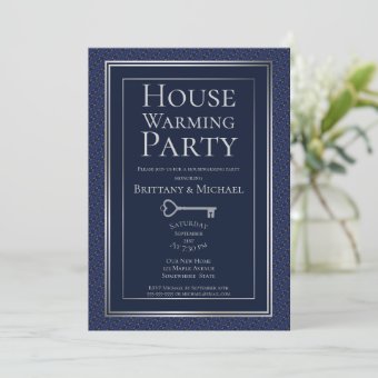 Elegant Dark Blue Silver Border Housewarming Party Invitation | Zazzle