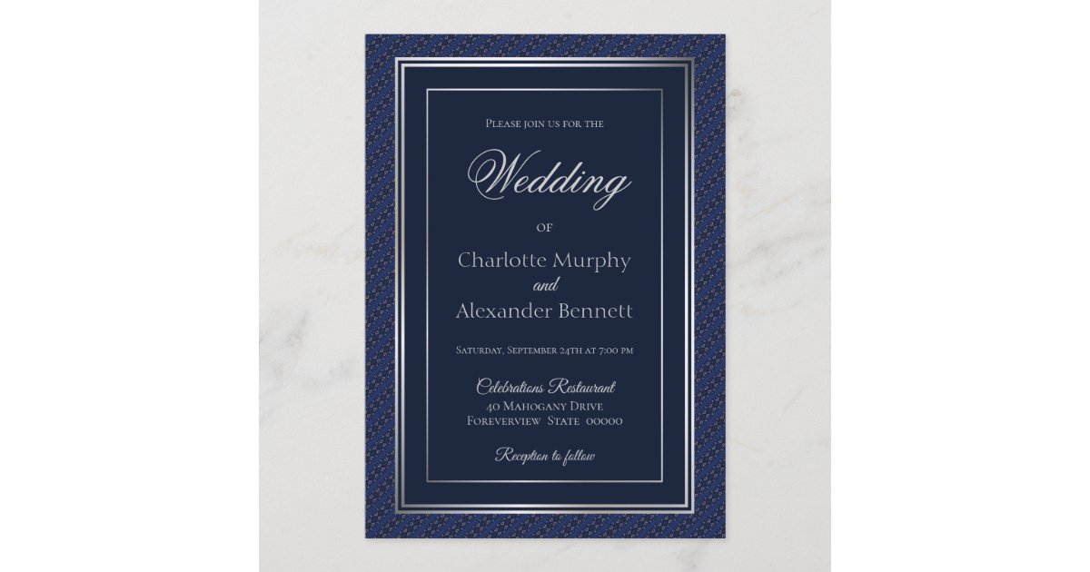 Elegant Dark Blue Silver Border Wedding Invitation | Zazzle.com