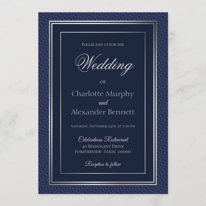 Elegant Dark Blue Silver Border Wedding Invitation | Zazzle.com
