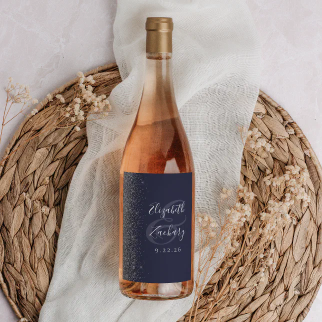 Elegant Dark Blue Silver Glitter Wedding Wine Label | Zazzle