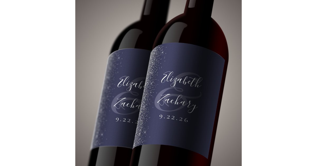 Elegant Dark Blue Silver Glitter Wedding Wine Label | Zazzle