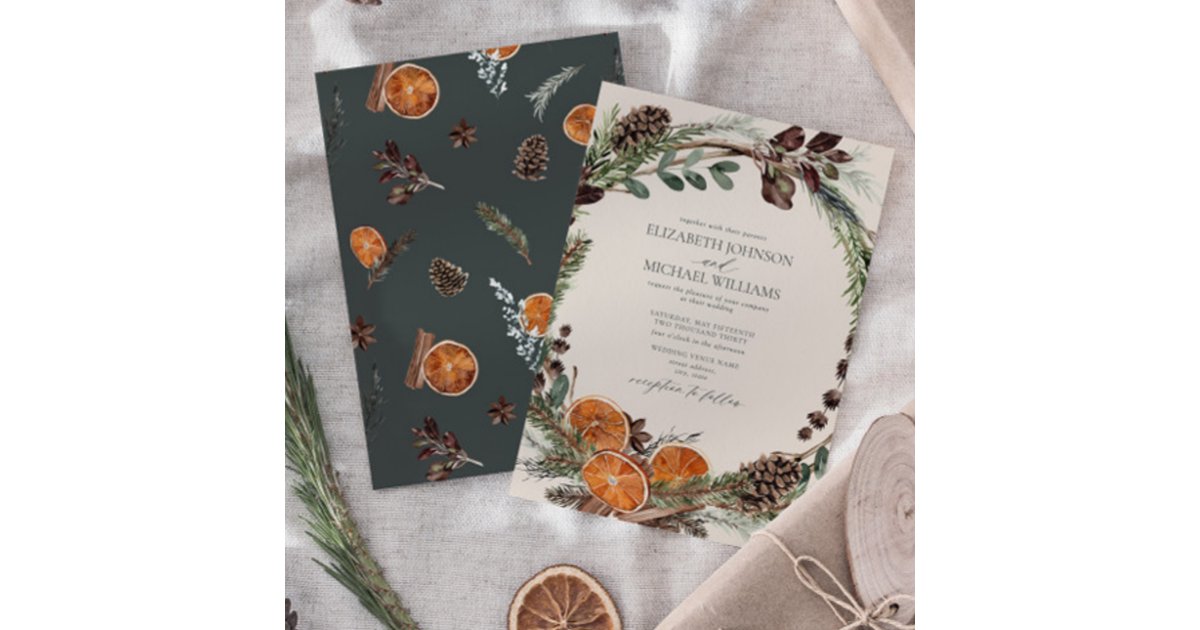 Elegant Dark Boho Citrus Greenery Winter Wedding Invitation | Zazzle
