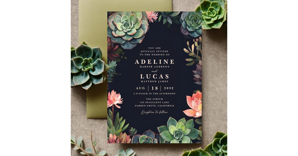 Elegant Dark Botanical Succulent Plant Wedding Invitation | Zazzle