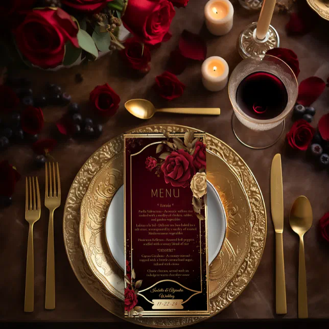 Elegant Dark Burgundy Red Rose and Gold Wedding Menu | Zazzle