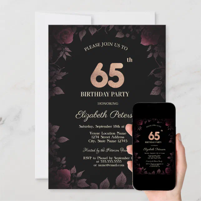 Elegant Dark Burgundy Roses Black 65th Birthday Invitation | Zazzle
