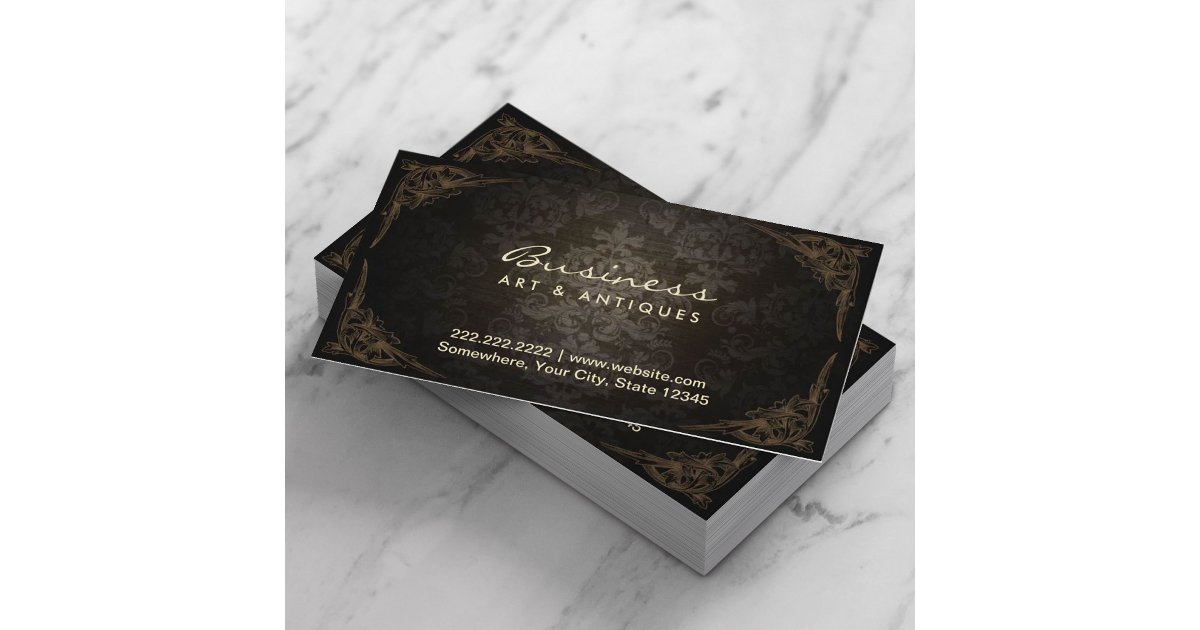 Elegant Dark Damask Art & Antique Dealer Business Card | Zazzle