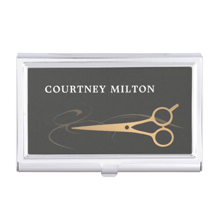 Elegant Dark Faux Gold Scissor Hair Stylist Business Card Case | Zazzle