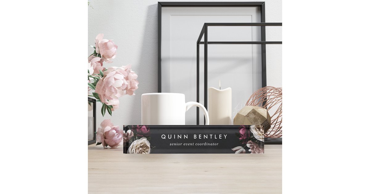 Elegant Dark Floral Bouquet Desk Name Plate | Zazzle