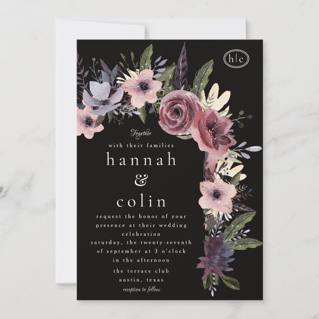 Elegant Dark Floral Cascade Black Burgundy Invitation | Zazzle