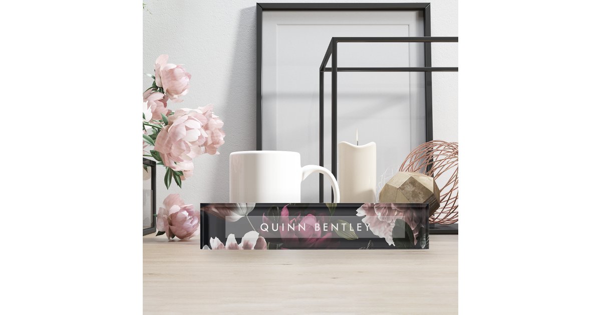 Elegant Dark Floral Desk Name Plate | Zazzle