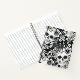Elegant Dark Floral Skulls on Black Personalized Notebook | Zazzle