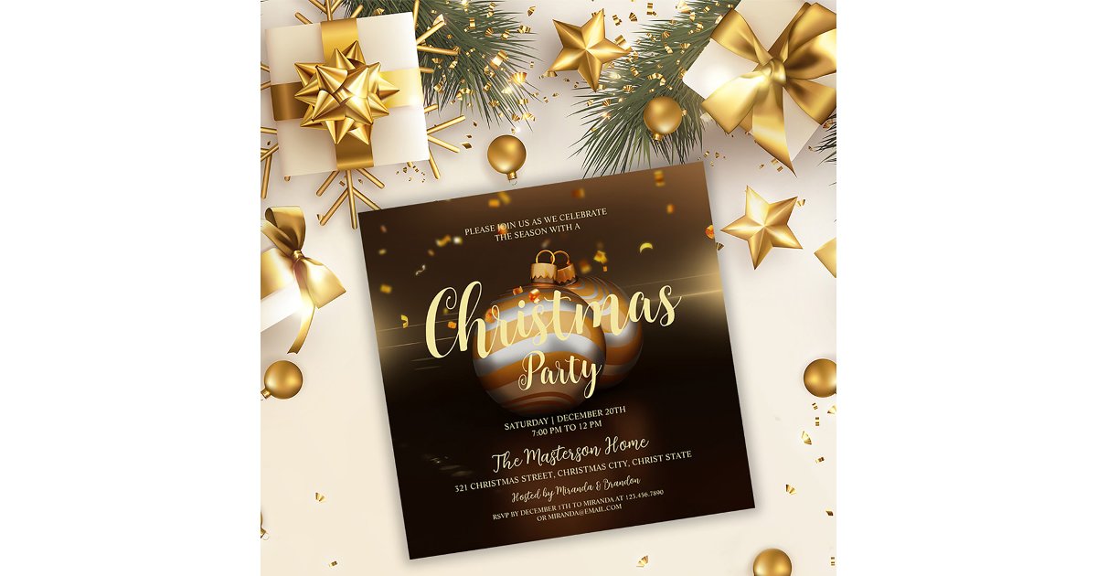 Elegant Dark Gold Christmas Party Invitation | Zazzle