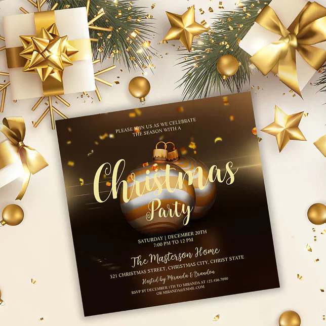 Elegant Dark Gold Christmas Party Invitation | Zazzle
