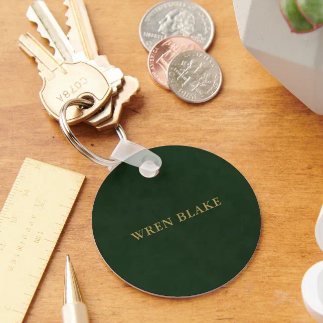 Elegant Dark Green Leather & Gold Typography Name Keychain | Zazzle
