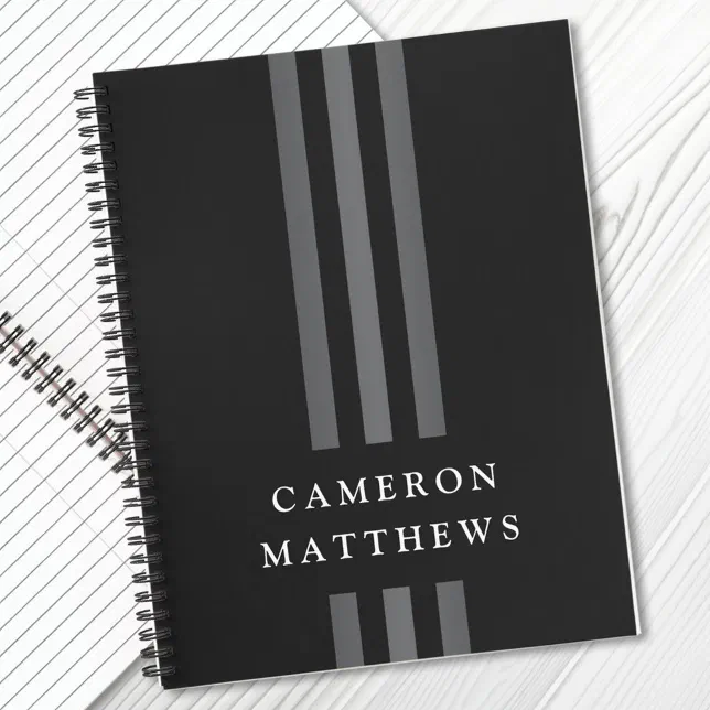 Elegant dark lines modern monogrammed black notebook | Zazzle