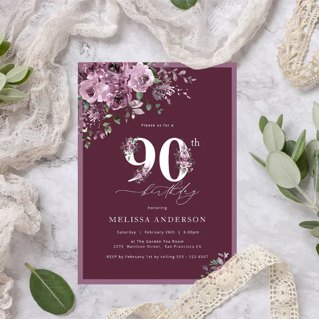 Elegant Dark Purple Floral 90th Birthday Invitation | Zazzle