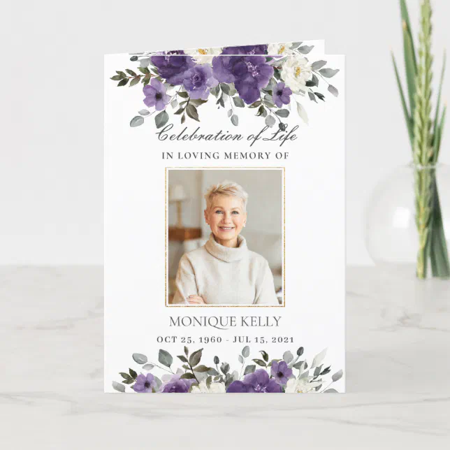Elegant Dark Purple Ivory Floral Photo Funeral Program | Zazzle