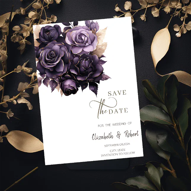 Elegant Dark Purple Roses Save The Date | Zazzle