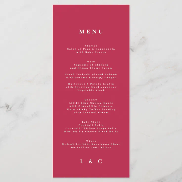 Elegant Dark Red Magenta Classic Wedding Menu | Zazzle