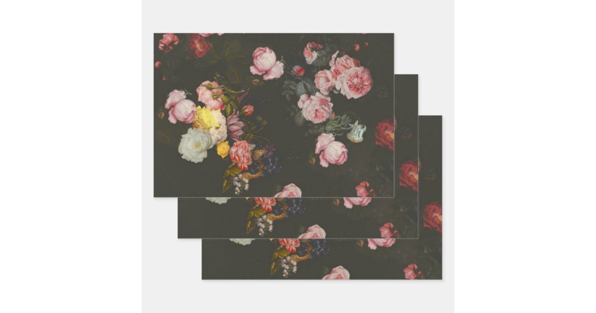 Elegant Dark Rich Dutch Floral Pink Roses Wrapping Paper Sheets | Zazzle